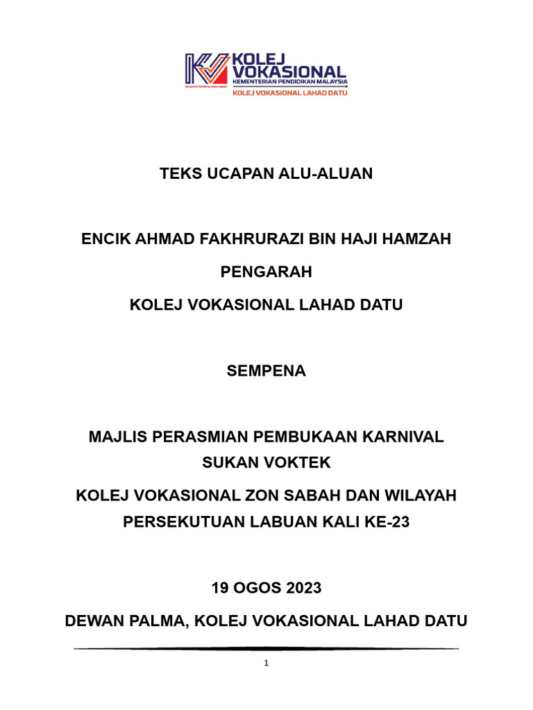 Teks Ucapan Alu-Aluan Pengarah - Majlis Perasmian Pembukaan | PDF