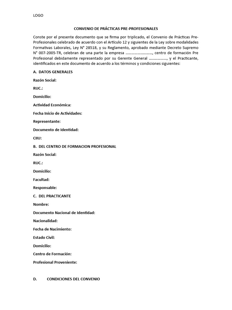 Modelo Convenio de Prácticas Pre Profesionales. | PDF | Business
