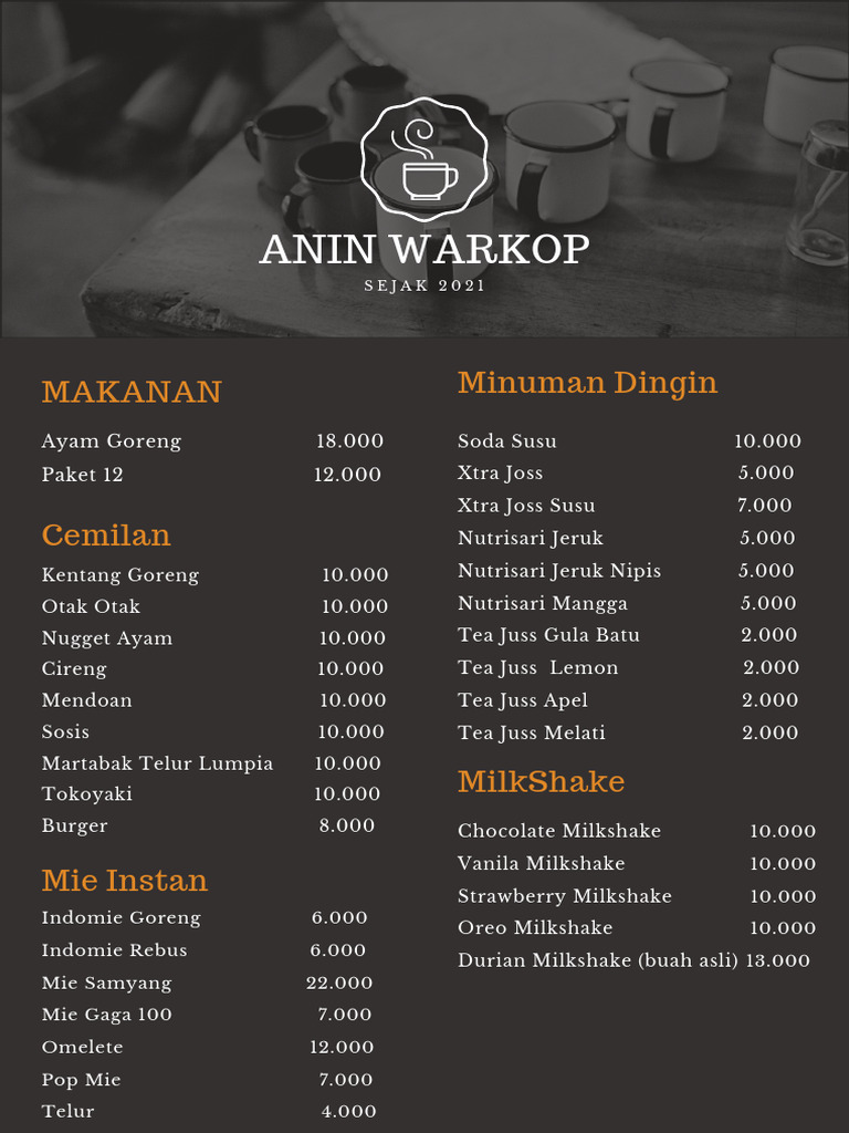 Menu Makanan dan Minuman Anin Warkop | PDF