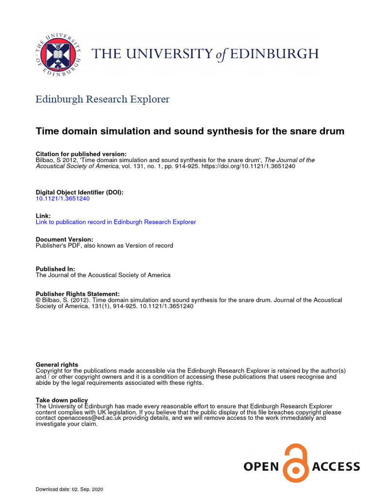 BILBAO S Time Domain Simulation and Sound Synthesis For The Snare Drum | PDF | Partial ...