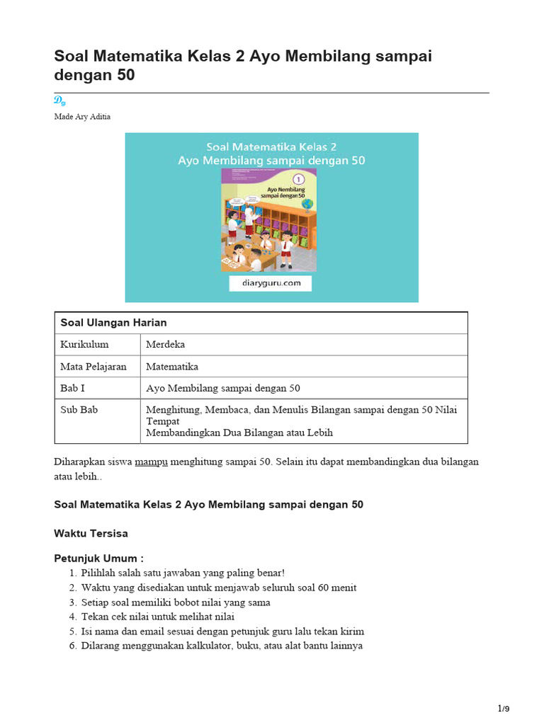 Soal Matematika Kelas 2 Ayo Membilang Sampai Dengan 50 | PDF