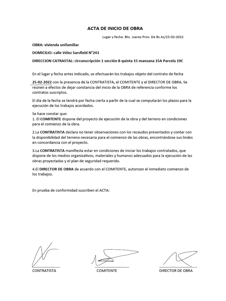 Acta de Inicio de Obra | PDF