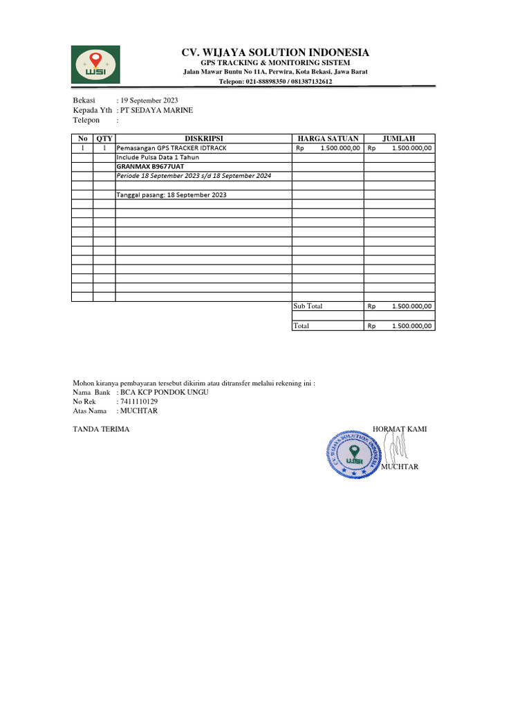 Invoice Pemasangan Gps Tracker Granmax B9677uat | PDF