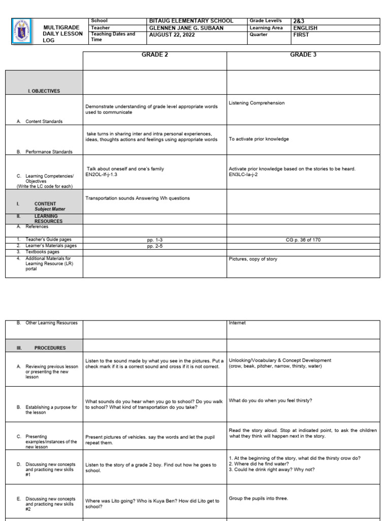 ENGLISH DLL Grade 2 Week 1 Quarter 1 | PDF | Reading Comprehension ...