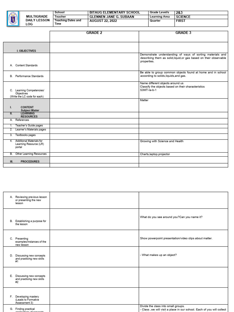 SCIENCE DLL Week 1 Quarter 1 | PDF | Learning | Teachers