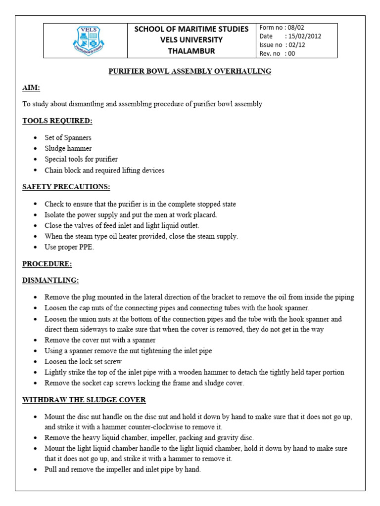 Purifier Bowl Assembly Overhaul | PDF