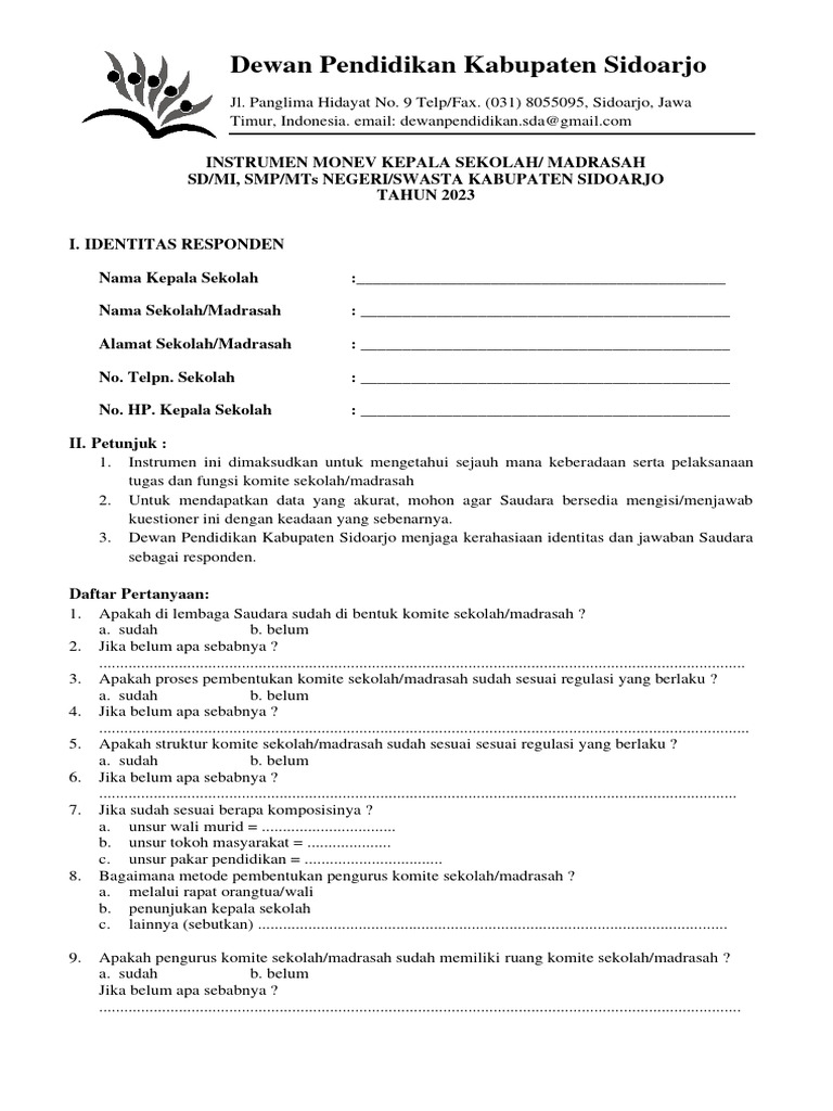 Instrumen Monev Kepala Sekolah 2023 | PDF