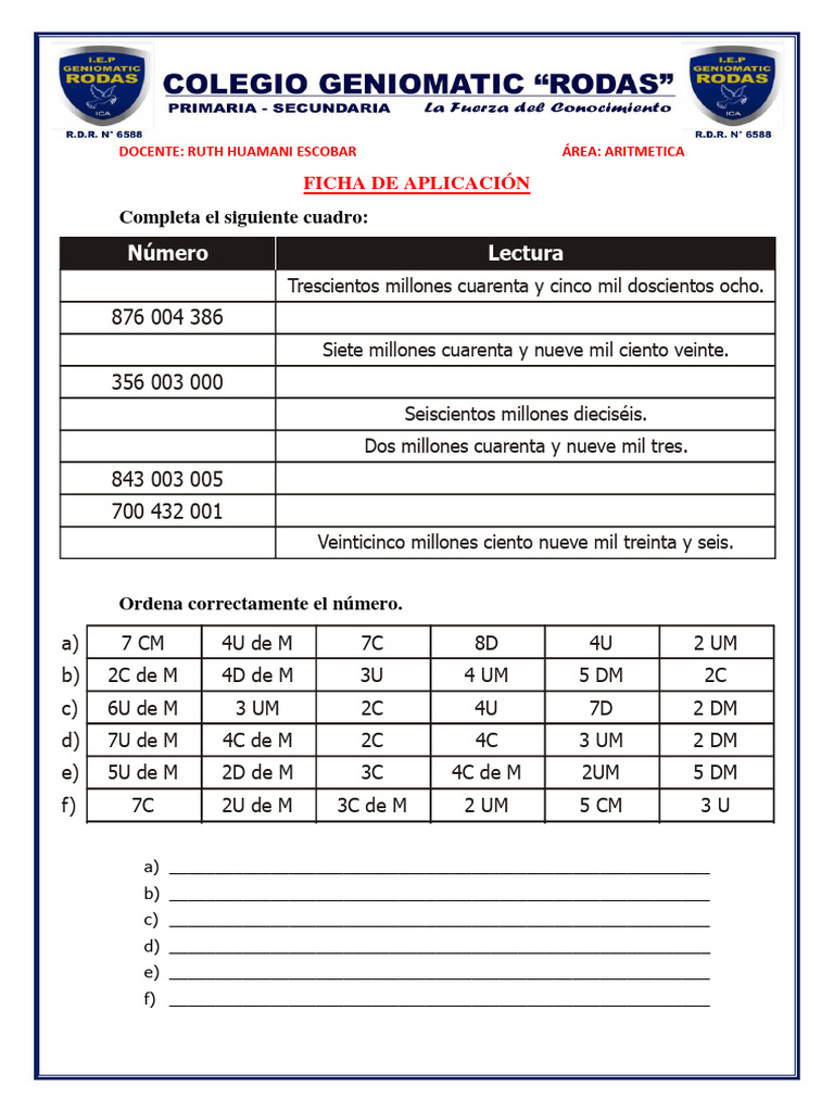 Ficha Numeros Hasta La Centena de Millon | PDF