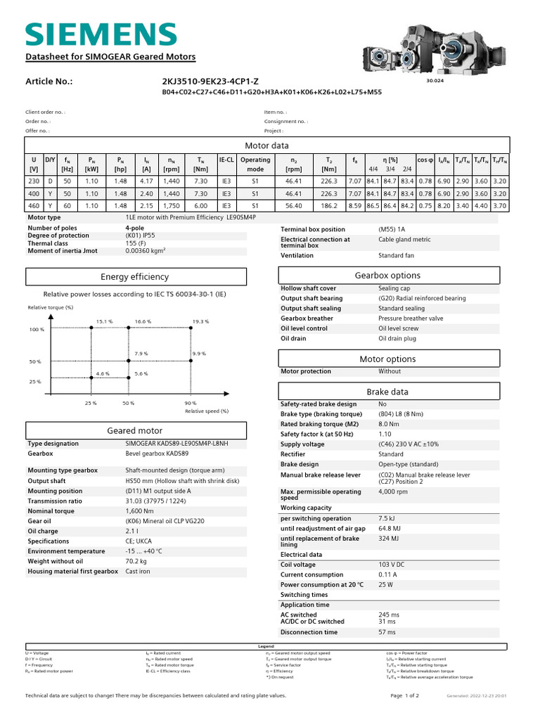 Motor Data: Datasheet For SIMOGEAR Geared Motors Article No.: 2KJ3510 ...