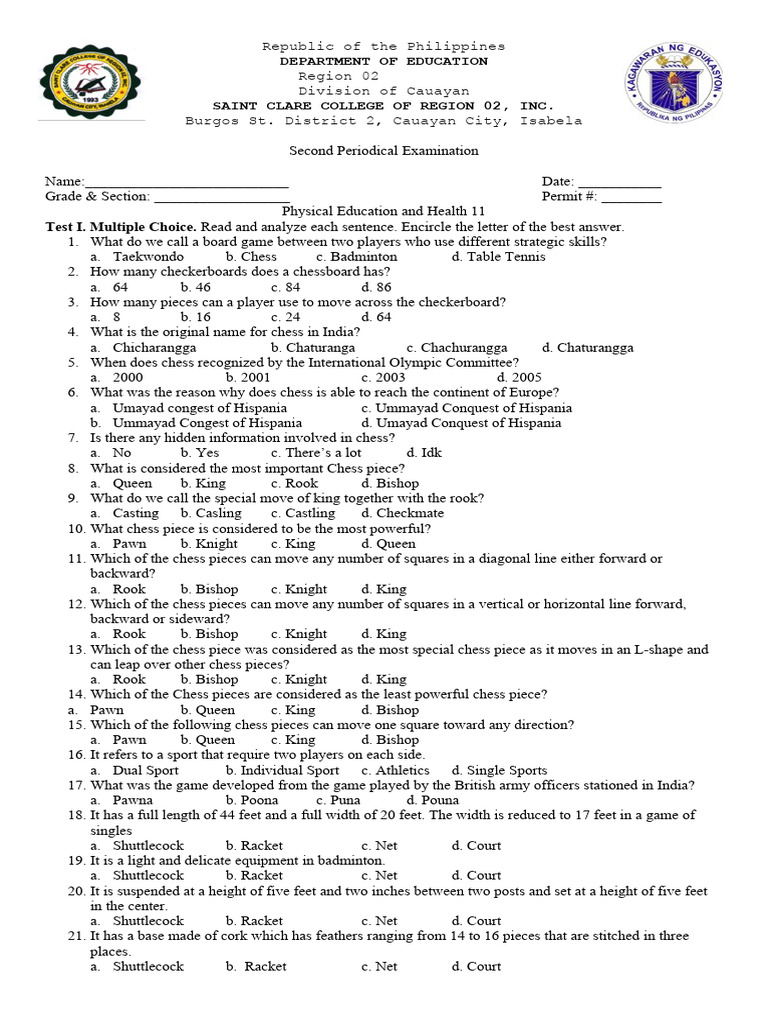 PE 11 Second Periodical Exam | PDF | Chess | Board Games