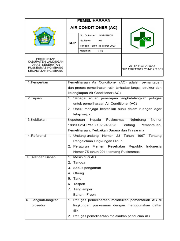 Sop Pemeliharaan Ac | PDF | Teknologi & Rekayasa