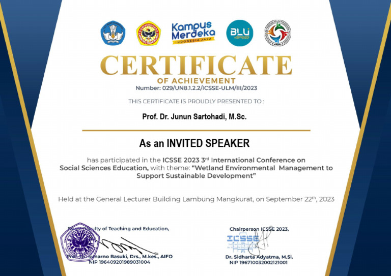 The 3rd ICSSE 2023 Invited Speaker Certificate Prof. Dr. Junun ...