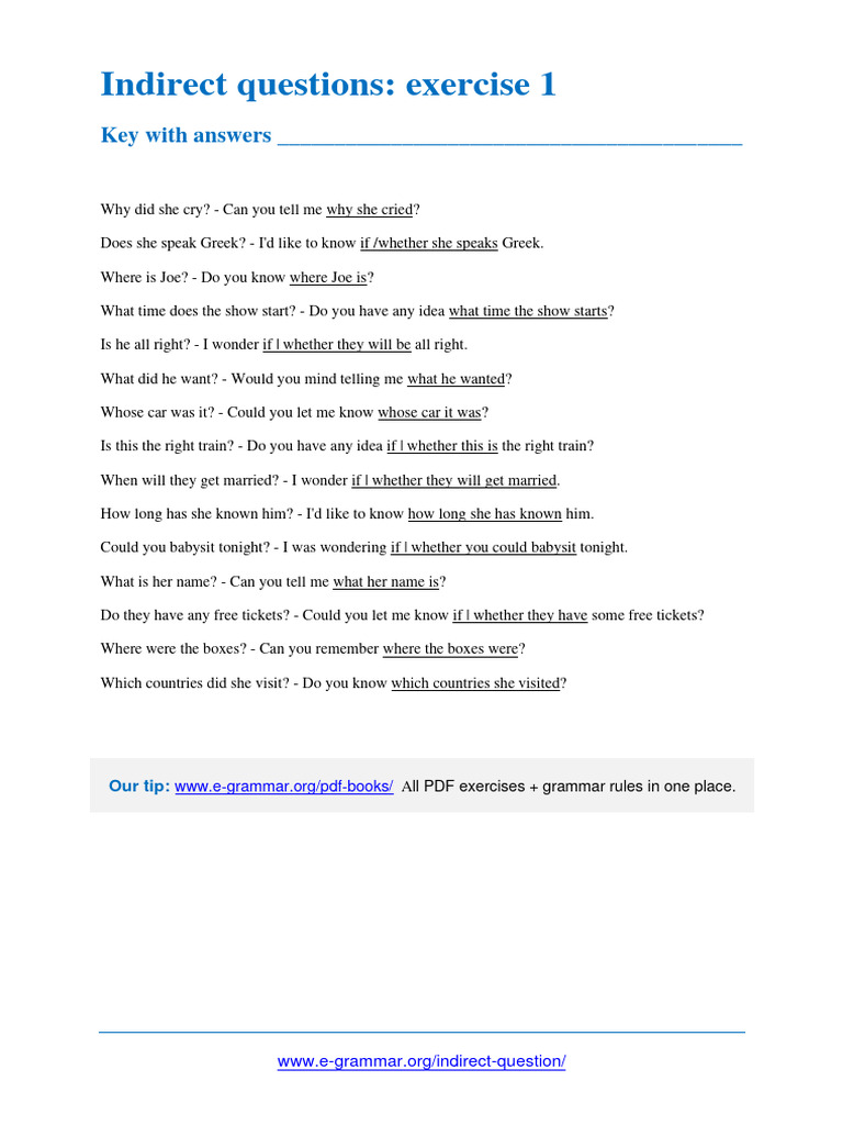 Indirect Questions Exercise 1 Key | PDF | Language Arts & Discipline