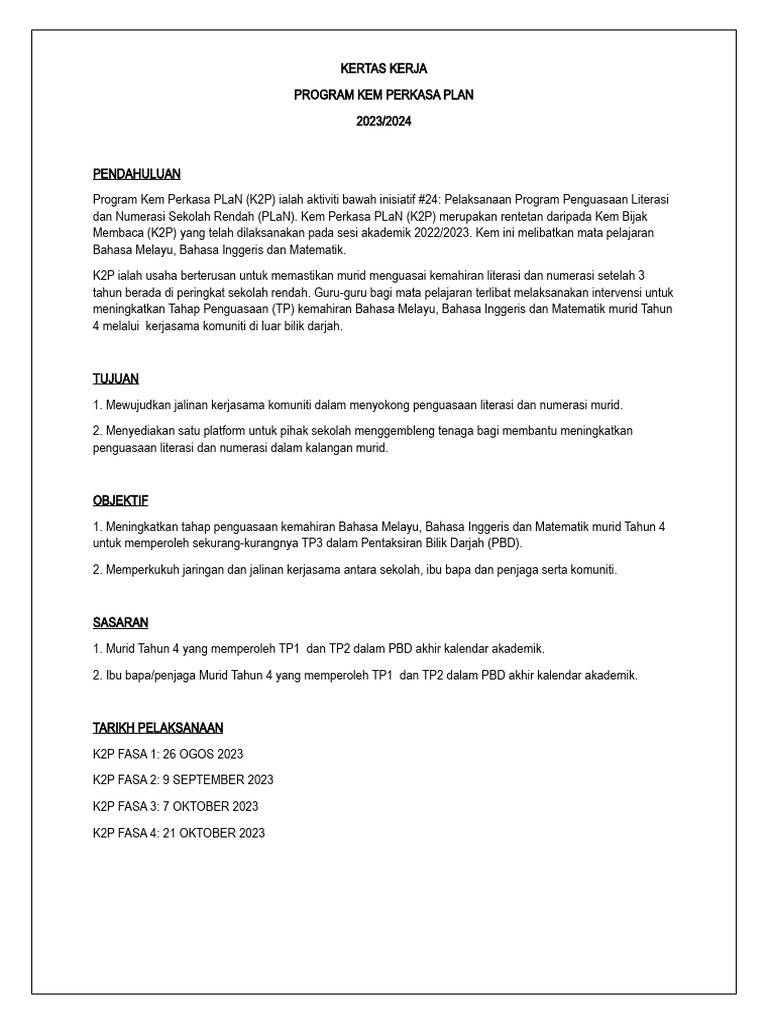 Kertas Kerja Kem K2P | PDF