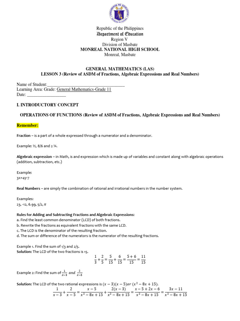 ASDM of Fractions Algebraic Expression and Real Numbers | PDF ASDM of Fractions Algebraic Expression and Real Numbers | PDF