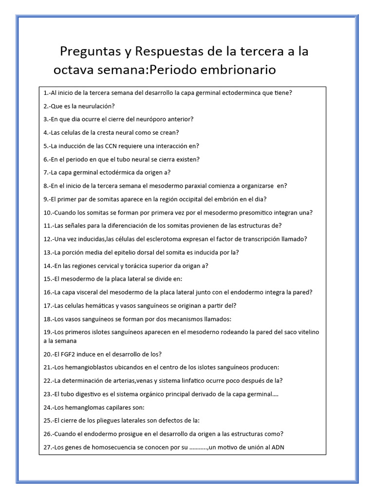 Preguntas y Respuestas de La Tercera A La Octava Semana | PDF | Anatomía | Reproducción