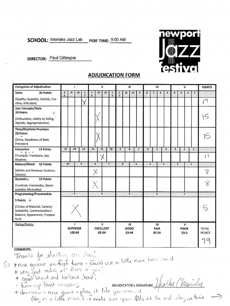 Newport Jazz Adjudication Sheets - Interlake Jazz Lab | PDF