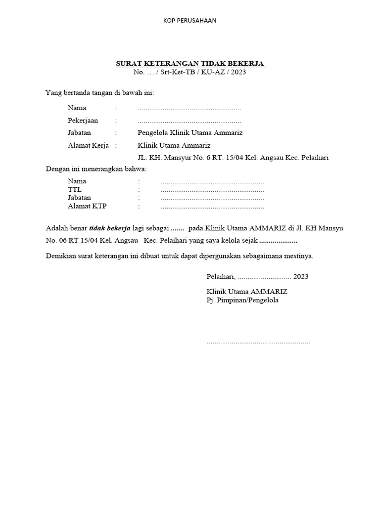 Surat Keterangan Tidak Bekerja Lagi | PDF Surat Keterangan Tidak Bekerja Lagi | PDF