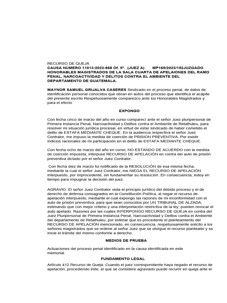 Queja Memorial | Descargar gratis PDF | Apelación | Juez