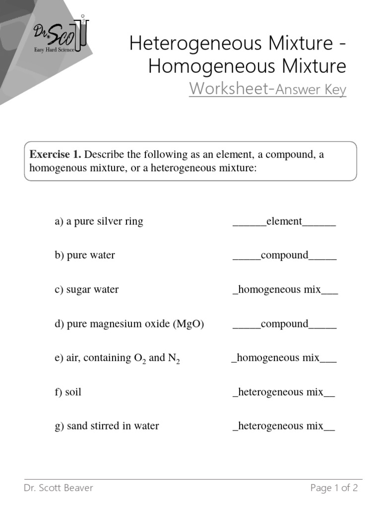 Heterogeneous Mixture Homogeneous Mixture Worksheet Answer Key | PDF