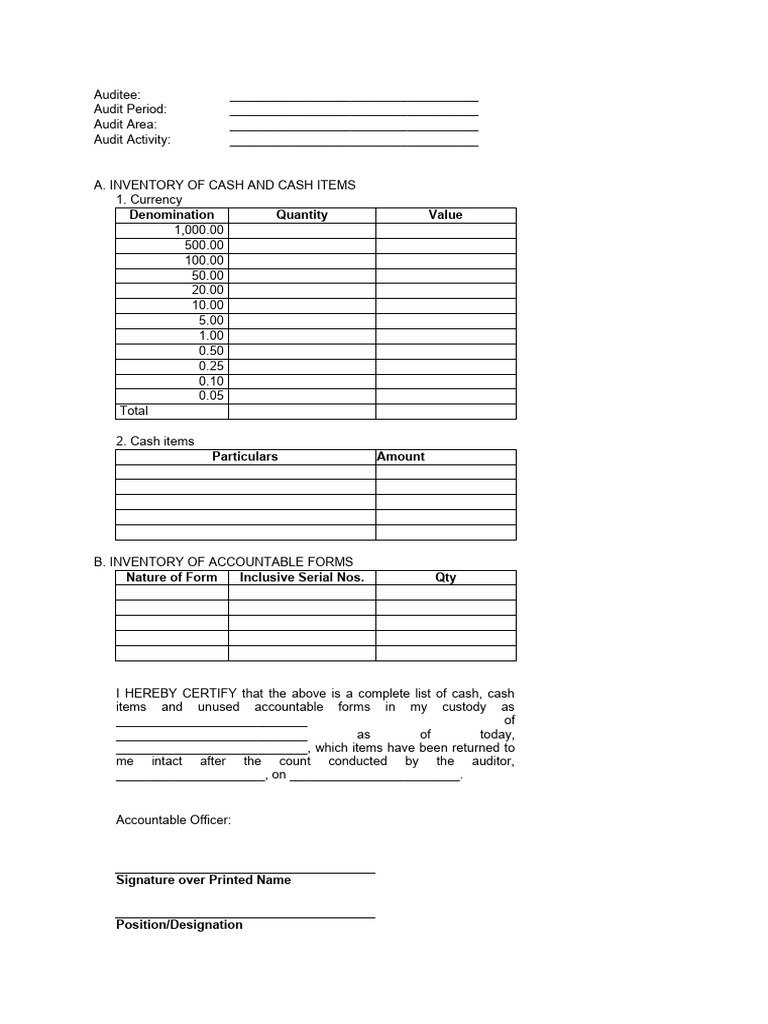 Cash Count Audit Report Template | PDF