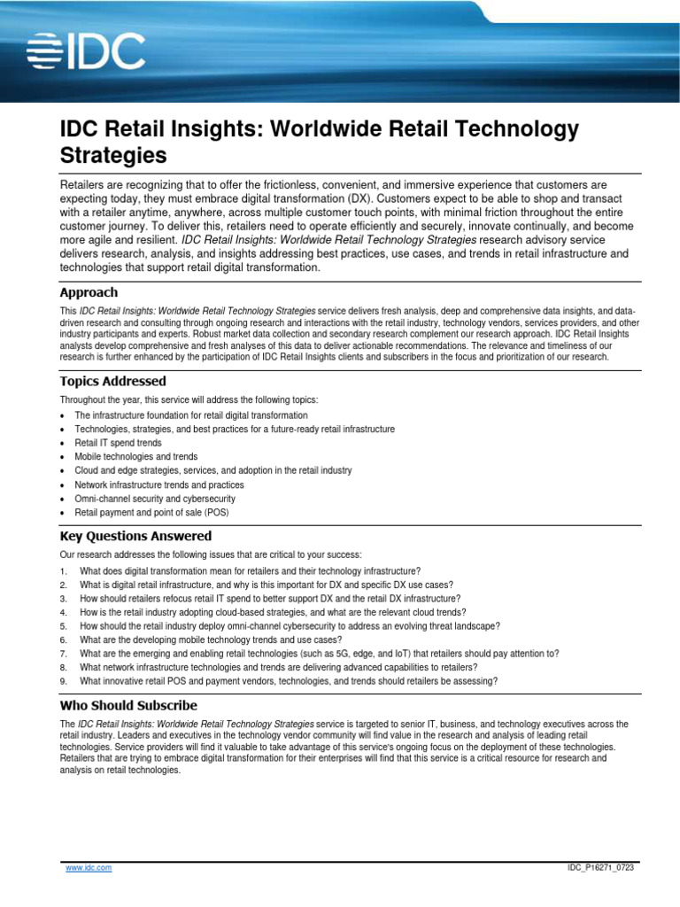 IDC Retail Insights Worldwide Retail Technology Strategies - 2023 July ...