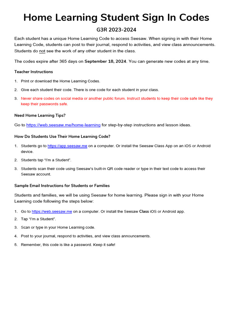 G3R Seesaw Homelearning Code | PDF | Ios | Qr Code