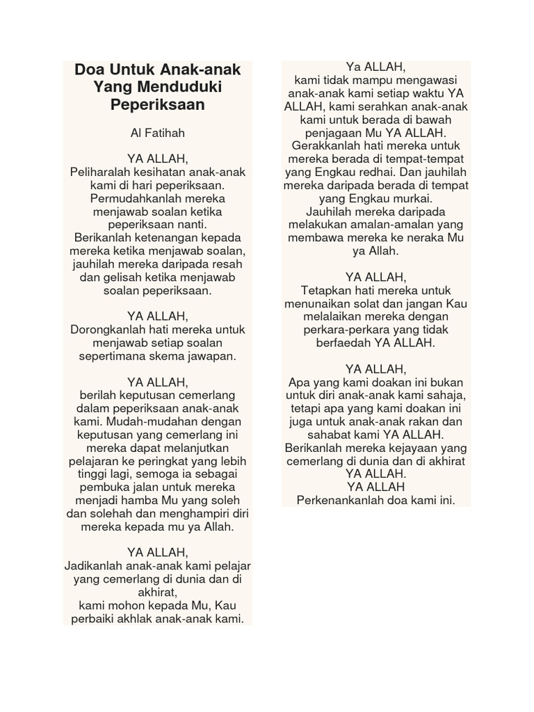 Doa Untuk Anak NAK PERIKSA | PDF