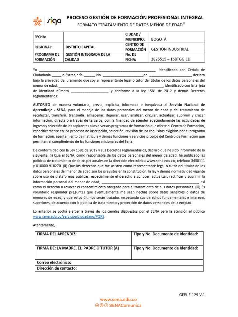 GFPI-F-129 Formato Tratamiento de Datos Menor de Edad | PDF | Justicia | Crimen y violencia