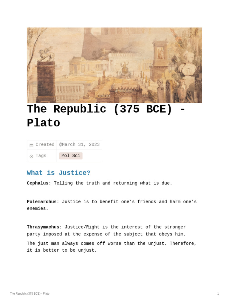 The Republic (375 BCE) - Plato (Summary) | PDF