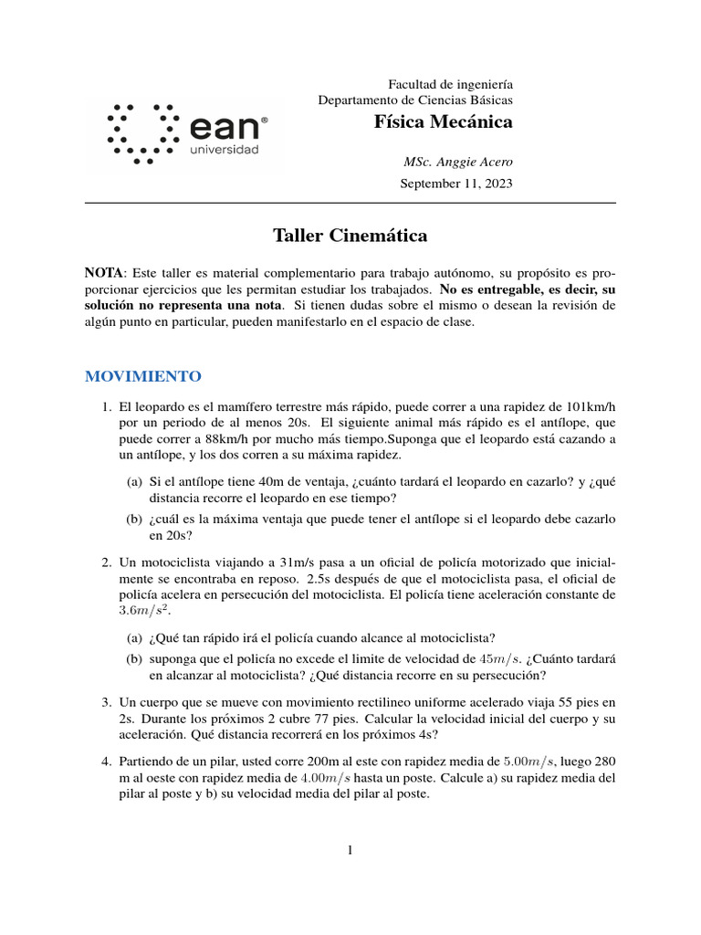 Taller Cinemática | PDF | Velocidad | Cinemática