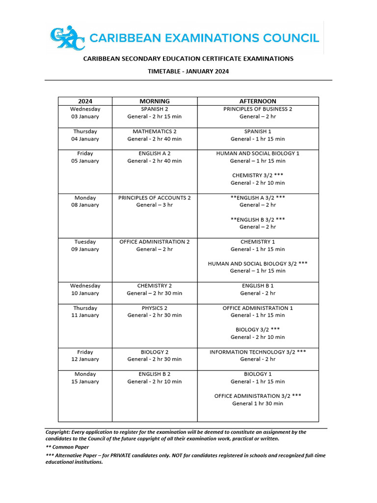 Timetable CSECJan2024 - 06september2023 Revised | PDF