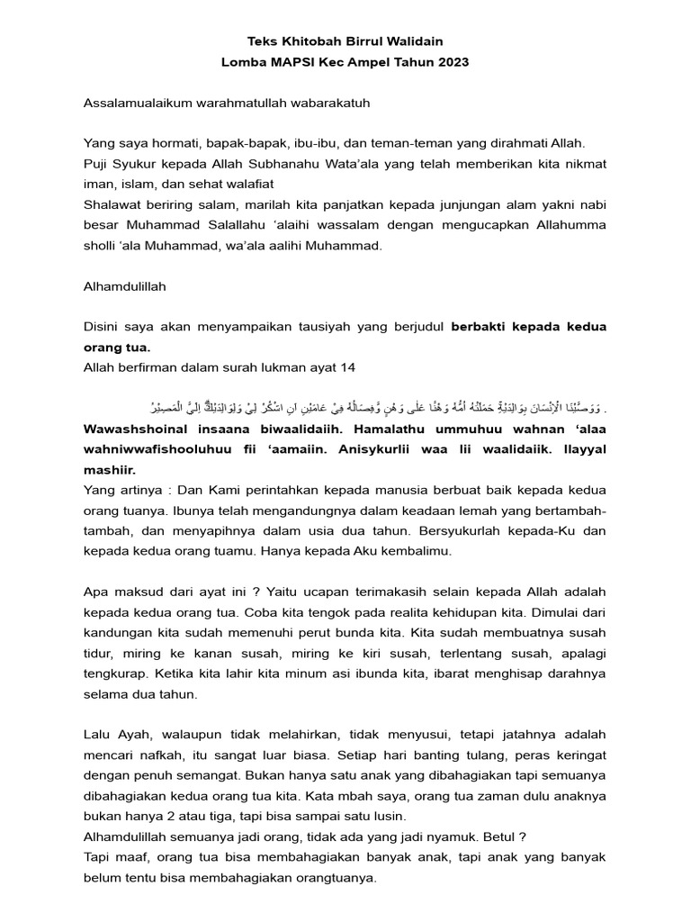 Teks Khitobah Birrul Walidain | PDF