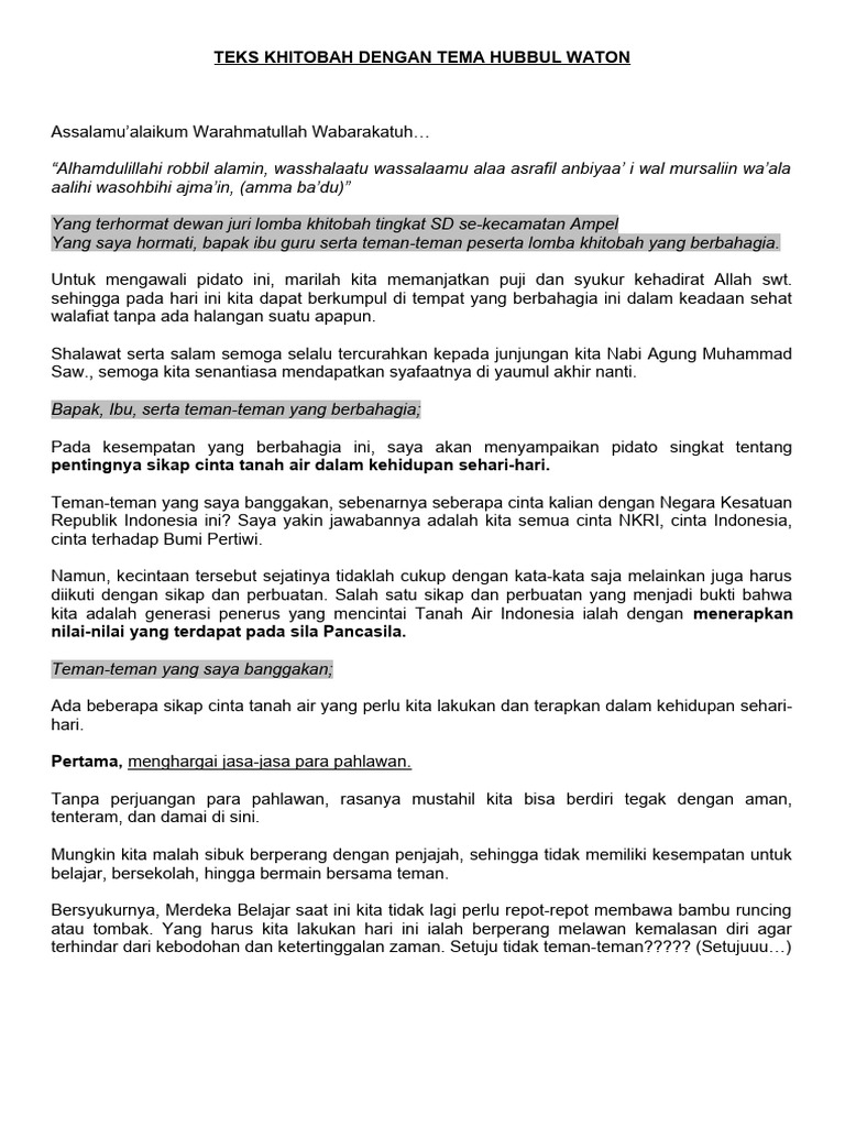 Teks Khitobah Dengan Tema Hubbul Waton | PDF