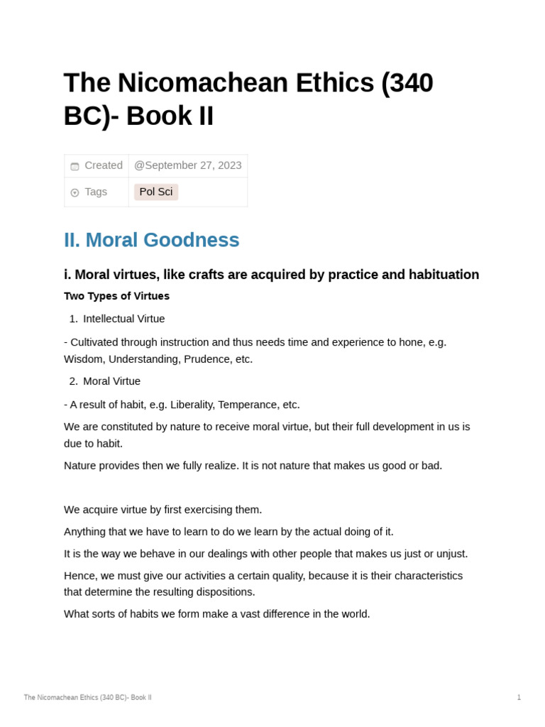 The Nicomachean Ethics (340 BC) - Book II (Summary) | PDF | Virtue ...