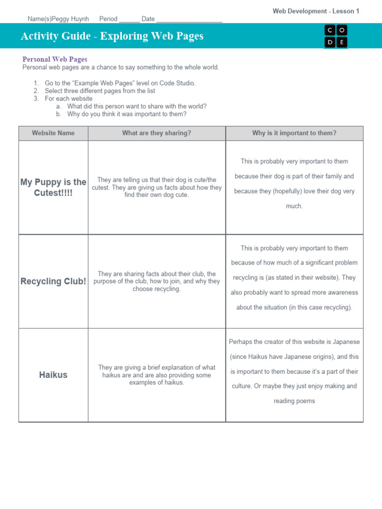U2L01 - Activity Guide - Exploring Web Pages | PDF