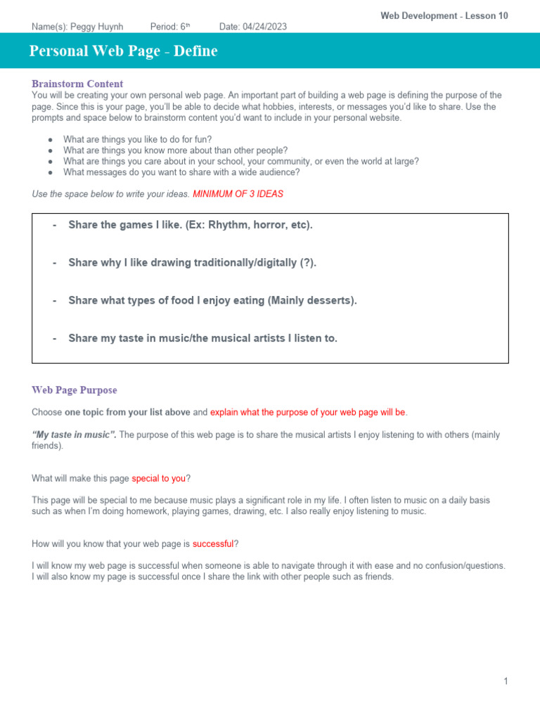 Lesson 10 - Project Guide - Personal Web Page - Define | PDF