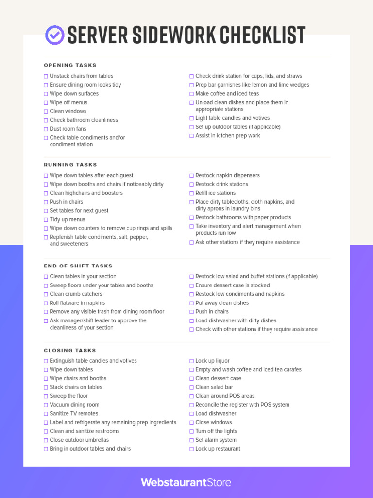 Server Sidework Checklist | PDF | Restaurants | Home