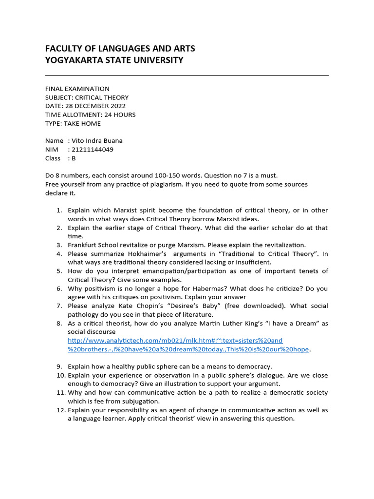 Vito Indra Buana - 21211144049 - Critical Theory Final Exam | PDF