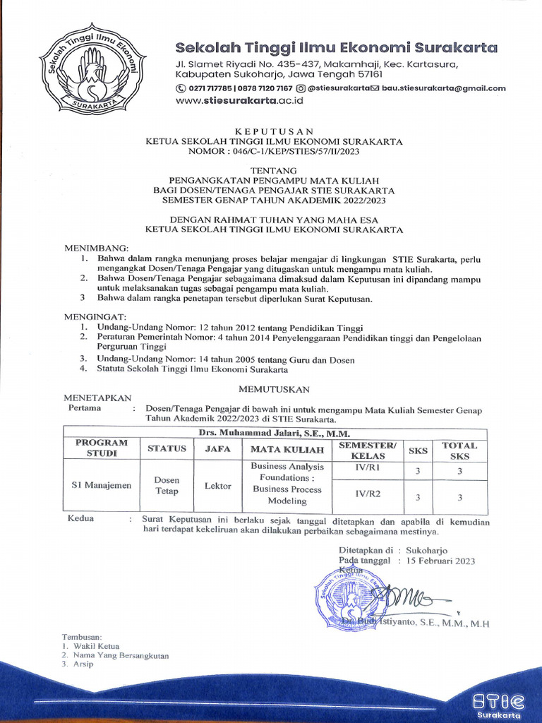SK Pengangkatan Pengampu Makul TA Genap 2022-2023 - Muh. Jalari (BKD) | PDF