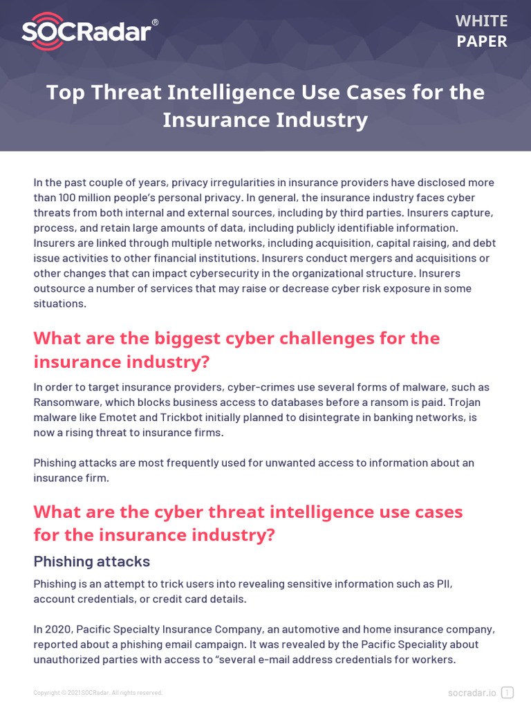 SOCRadar Whitepaper Top Threat Intelligence Use Cases For The Insurance Industry | PDF