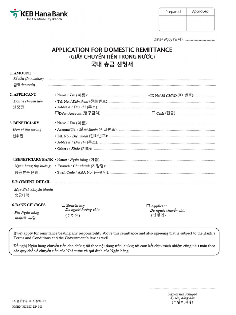 HNBN-HCMC-DP-003 - Application For Domestic Remittance. | Download Free ...