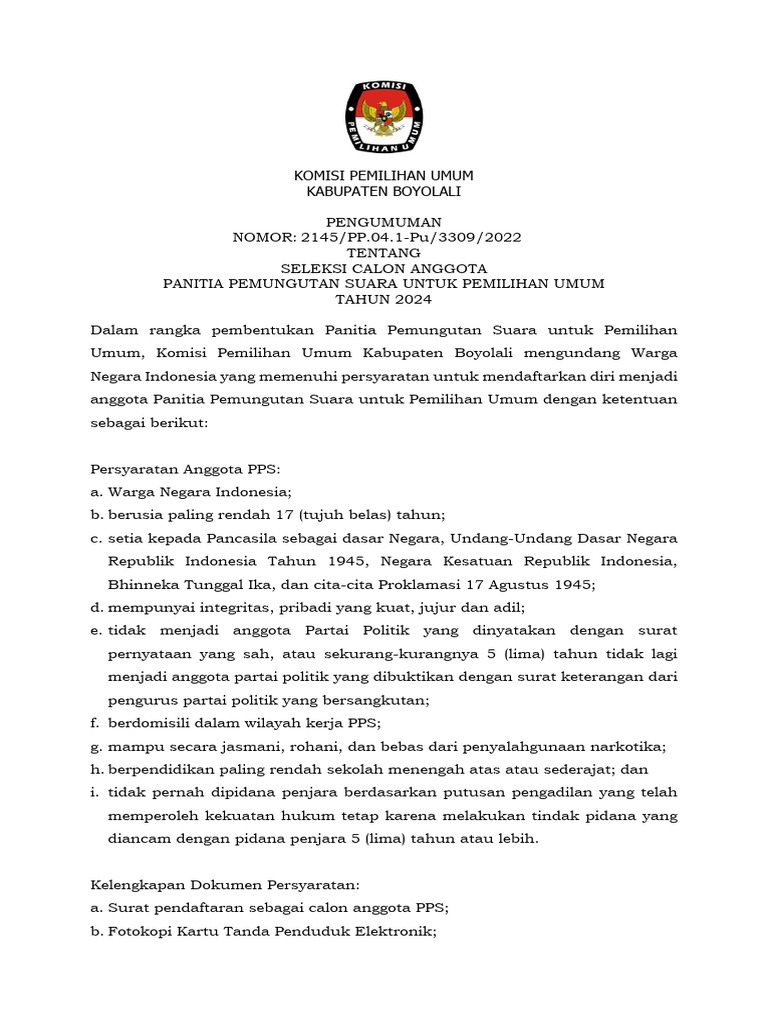 1671360789pengumuman Seleksi Anggota Pps 2022_2 | PDF