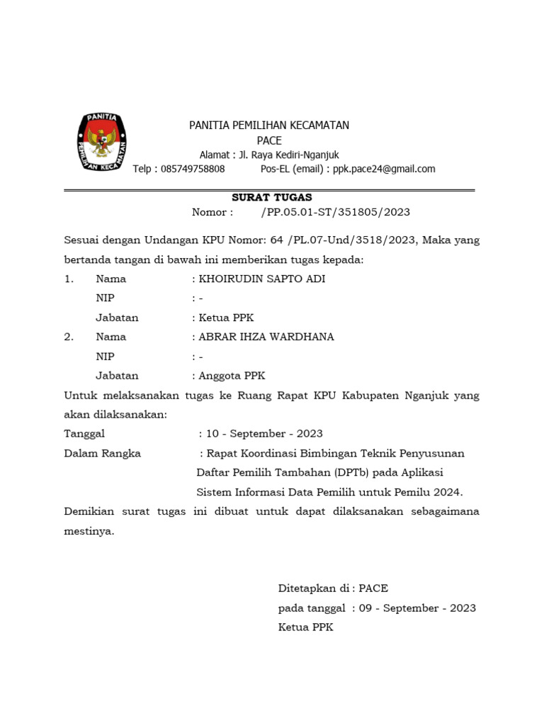 Surat Tugas PPK Pace ke KPU Nganjuk | PDF