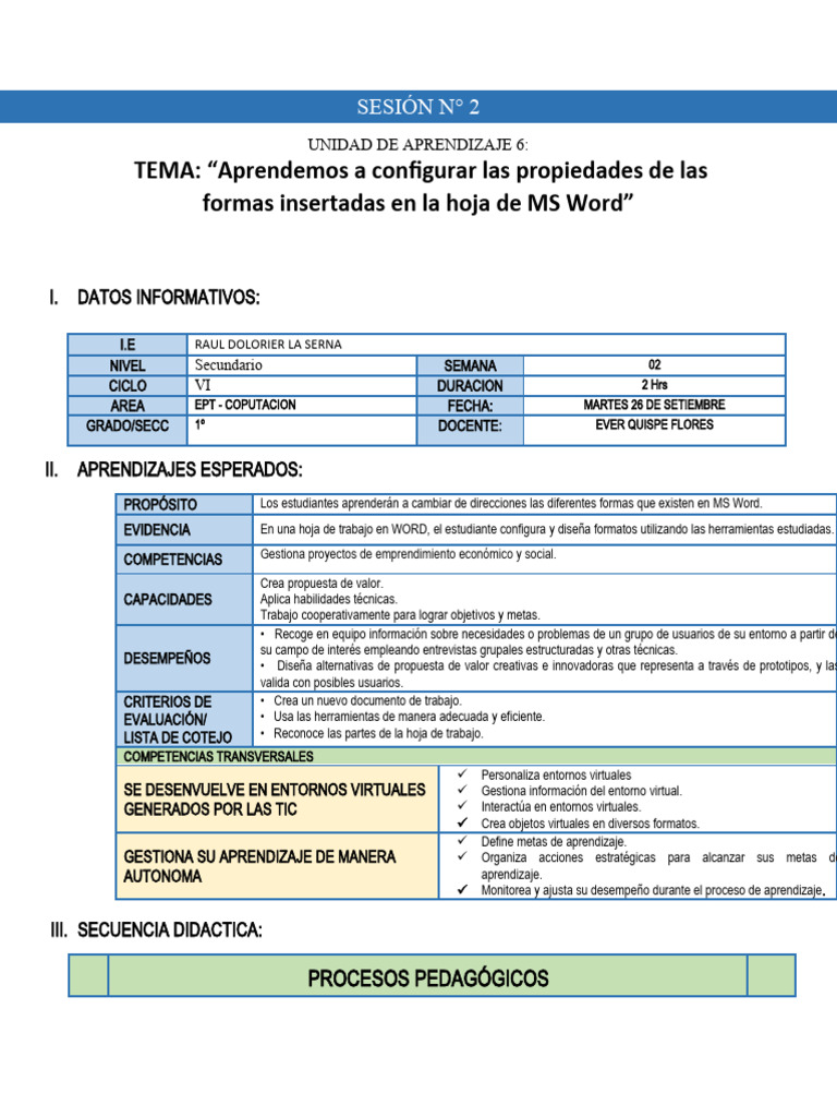 Modelo de Sesion 4º Ept | PDF