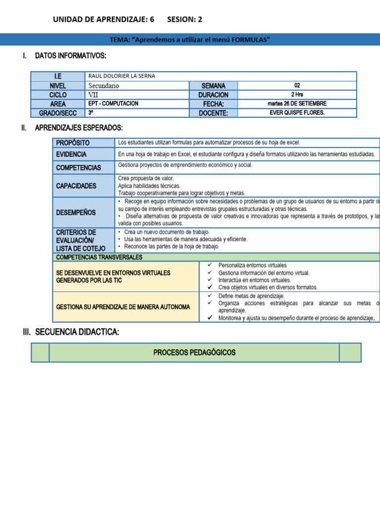 Modelo de Sesion 5º Ept | PDF | Aprendizaje | Evaluación