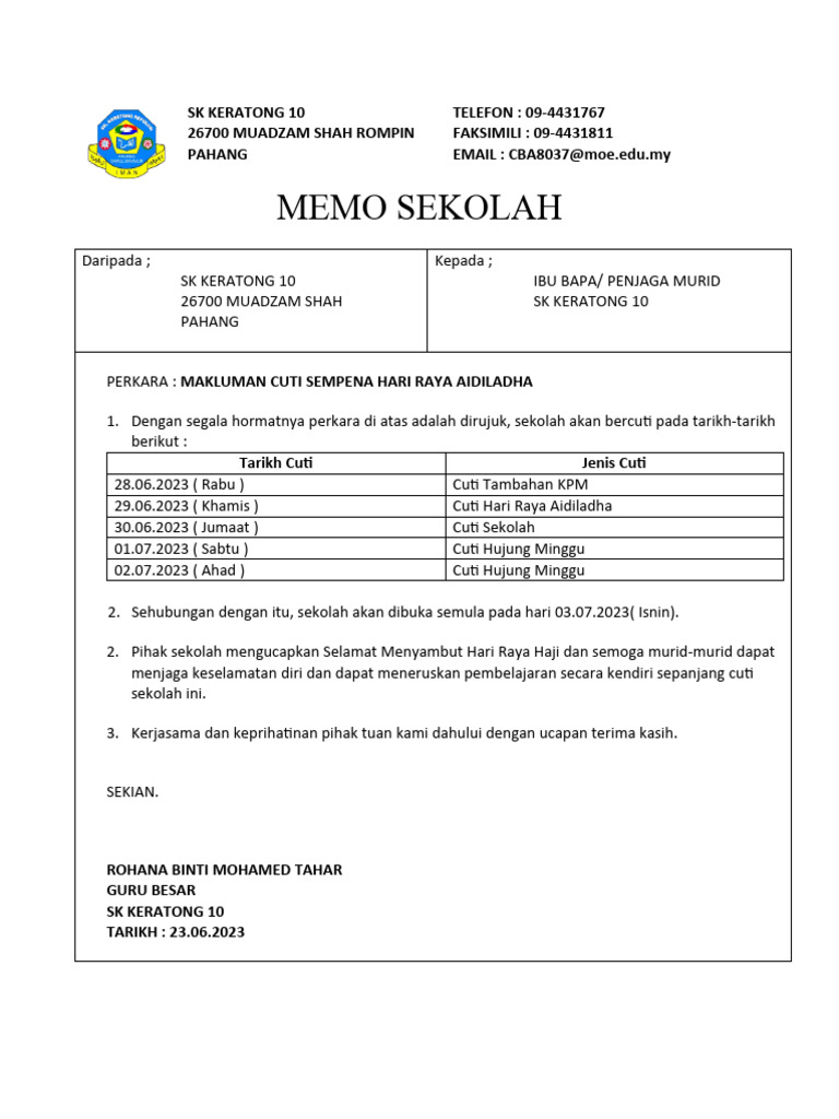 Memo Cuti Hari Raya Haji | PDF