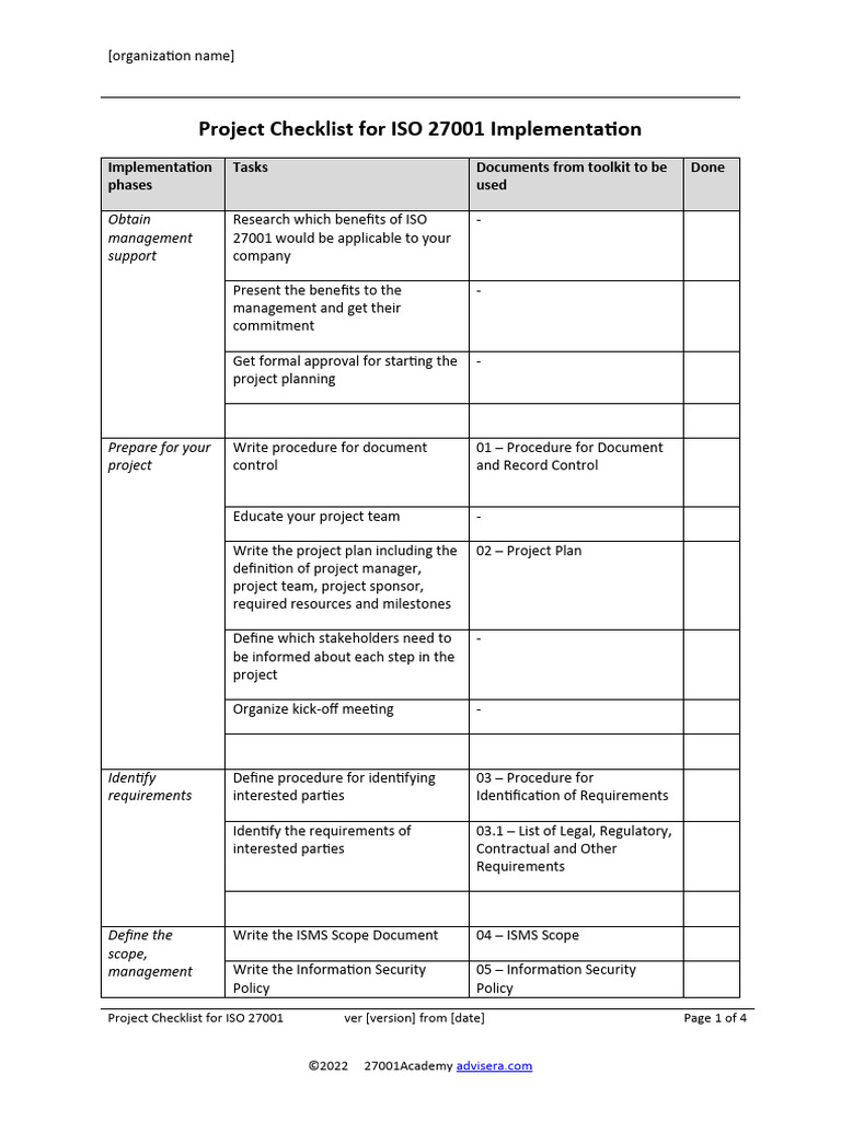 Project Checklist For ISO 27001 Toolkit Implementation EN | PDF | Audit ...