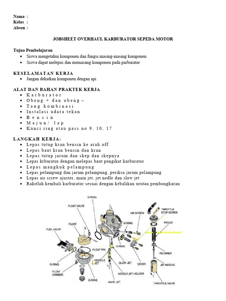 Jobsheet Overhaul Karburator Motor | PDF