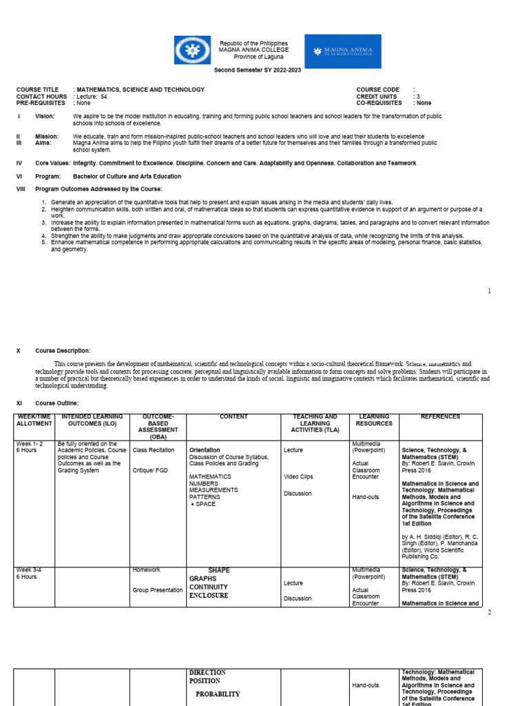Math, Science and Tech Syllabus | PDF | Science | Lecture